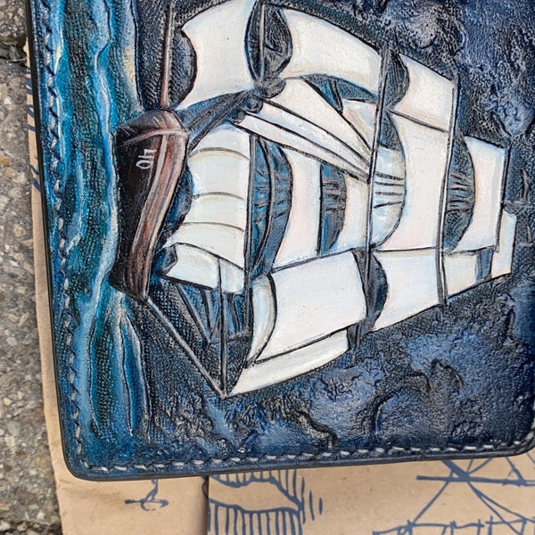 Hand-tooled Leather Ship Wallet, Sailboat Wallet, Carved Wallet, Tooled ...