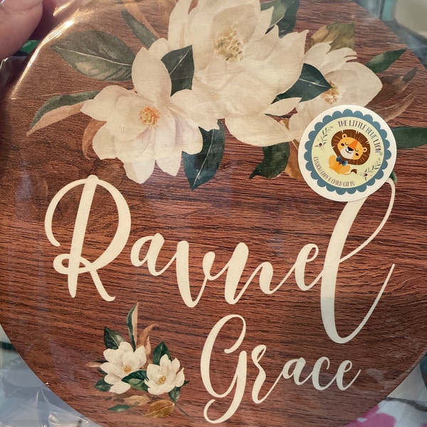 Magnolia Floral Round Wood Name Sign, White Magnolia Baby Sign, Round ...