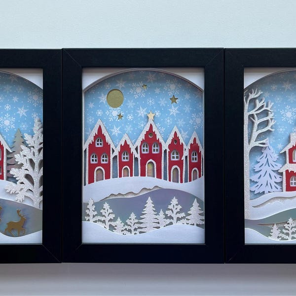 Christmas Village SVG Shadow Box Templates: Winter Houses, Reindeer ...