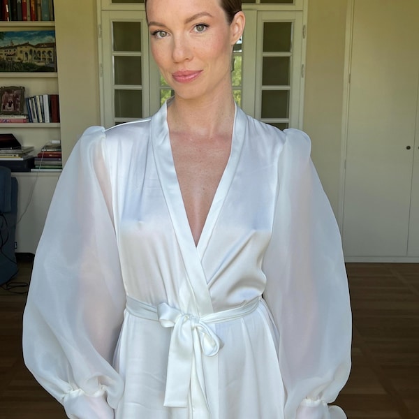 Long Robe for Bride With Puff Organza Sleeves Bridal Robe Wide Sleeves ...
