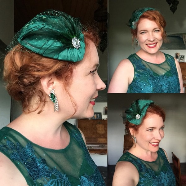 Emerald Green Vintage Inspired 1950s-1960s Half Hat, Dark Green Wedding ...