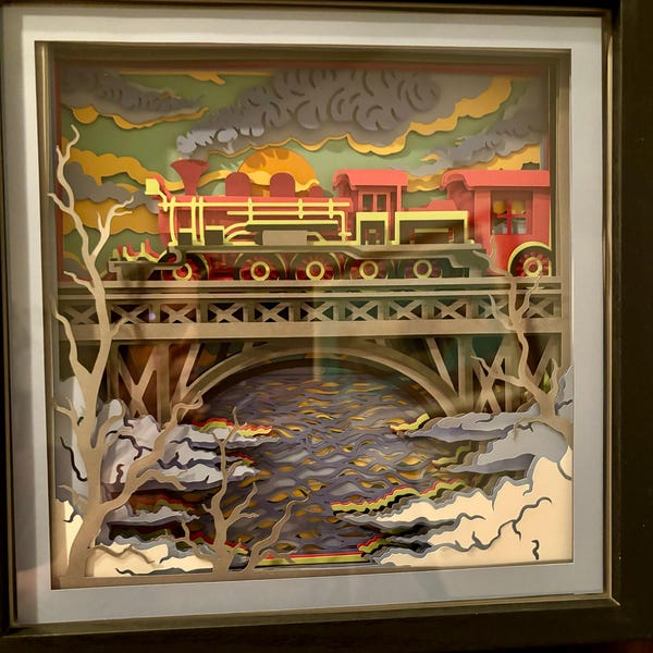 Winter Train on Bridge - 3D Shadow Box Layered SVG DXF EPS (cutting ...