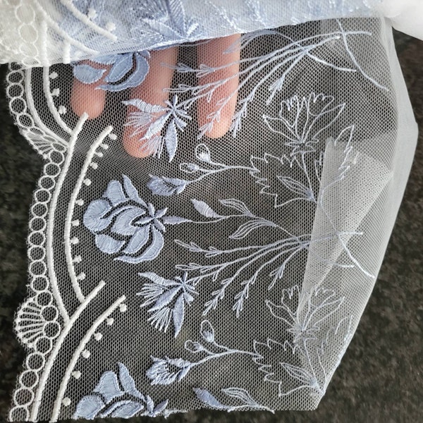 Double Edged Lovely Lace Trim Blue Floral Embroidered White Tulle Lace ...