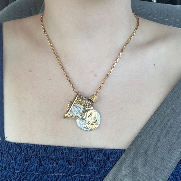 Multi Charm Necklace, Rose, Heart, Teardrop, Crystal, Mother of Pearl ...