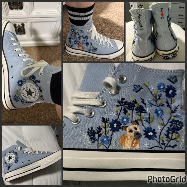 Custom Converse Embroidered Shoes, Blue Flower Embroidered Sneaker ...