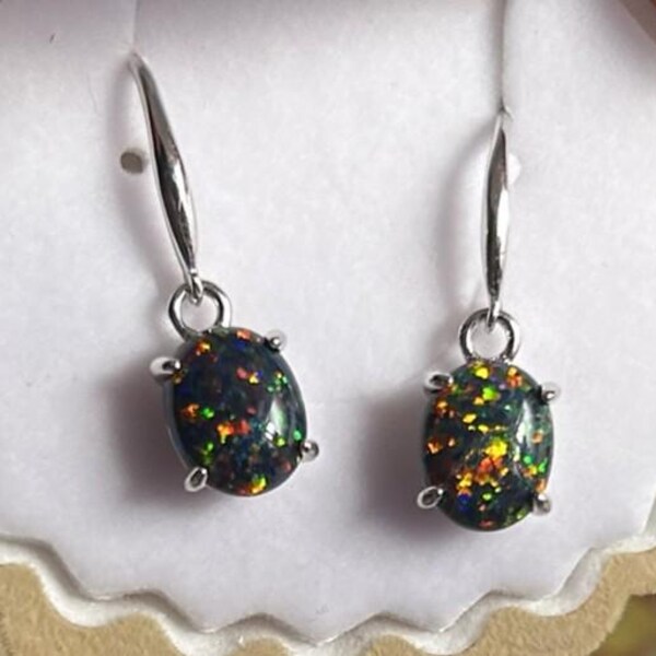 Black Opal Earrings, See Multicolored Fire on Video! 8x10mm Lab Created ...