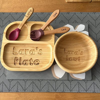 Personalised Bamboo Childrens Dining Set Spoon & Bowl Custom Engraved ...