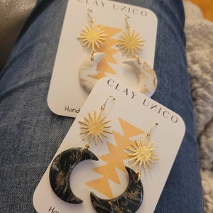 La Luna Cresent Moon Clay Earrings, Faux White Marble and Gold Leaf ...