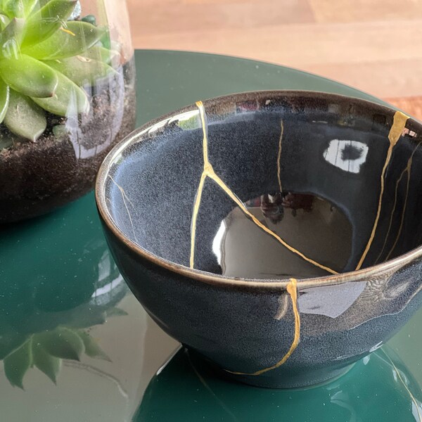 Kintsugi Bowl, Japanese Technique, Contemporary Wabi Sabi Blue Ceramic ...