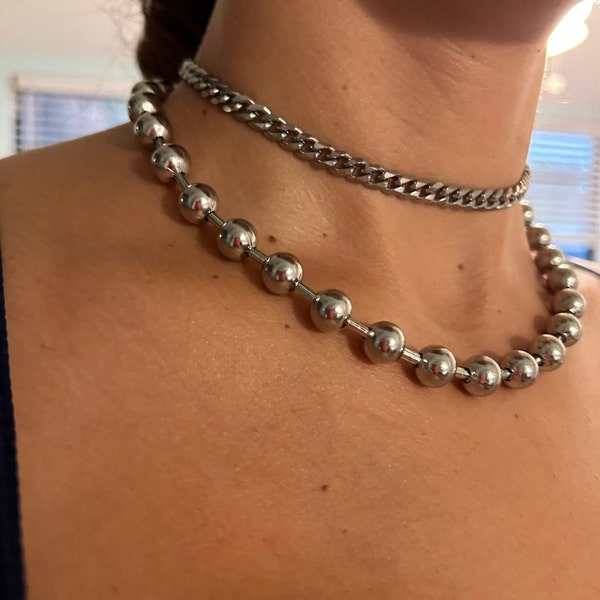 Oversized Ball Chain Necklace, Stainless Steel, Beaded Chain, Silver ...