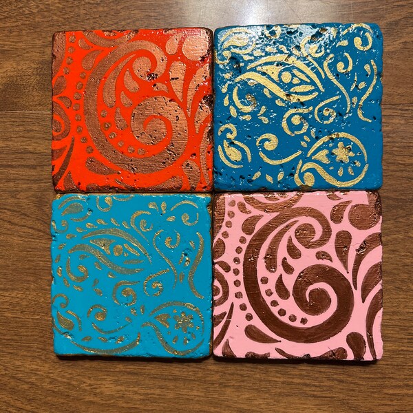 Hand Painted Stone Coasters With Decorative Scroll Design - Etsy