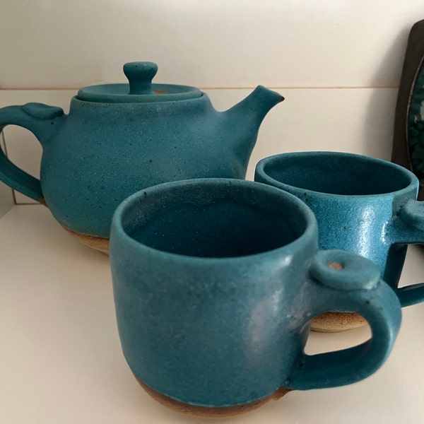 Handmade Ceramic Tea Set With Cups and Teapot, Pottery Tea Set, Blue ...