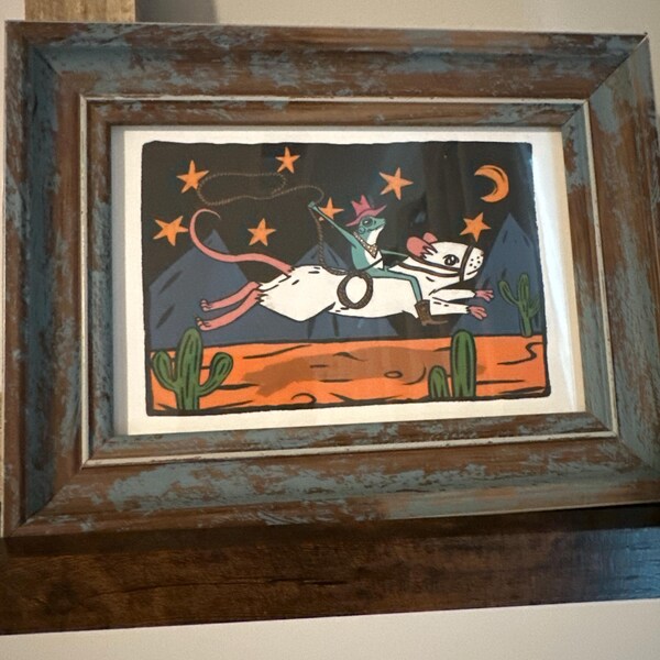 Framed Cowboy Frog Riding Mouse Print - Ready to Hang 4"x6" Wall Print ...