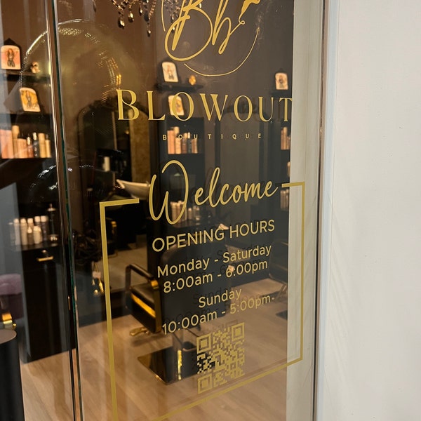 Custom Storefront Window Welcome Sign With QR CODE | Business Hours ...
