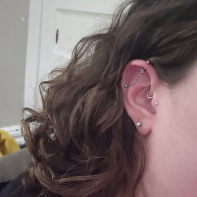 16g Dainty Flower Helix Double Chain Ear Stud, Flat Back Chain Hoop ...