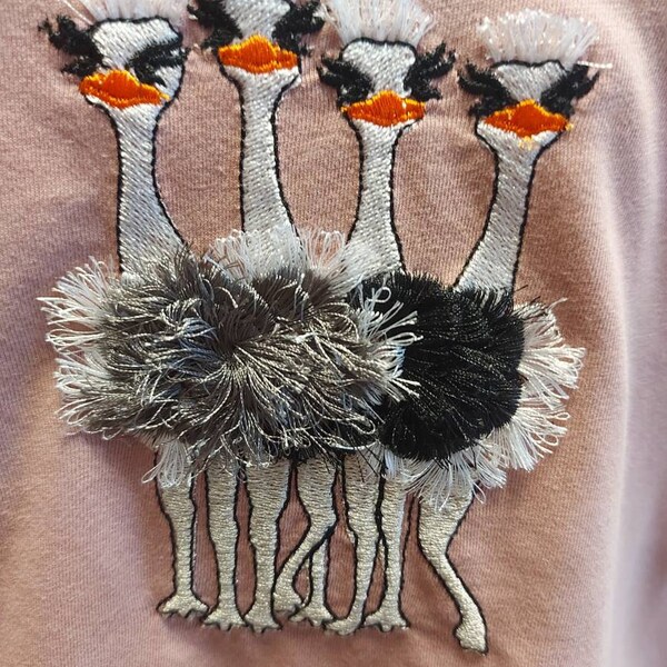 Fringed Fluffy Group of Ostriches Flock of Ostriches Machine Embroidery ...