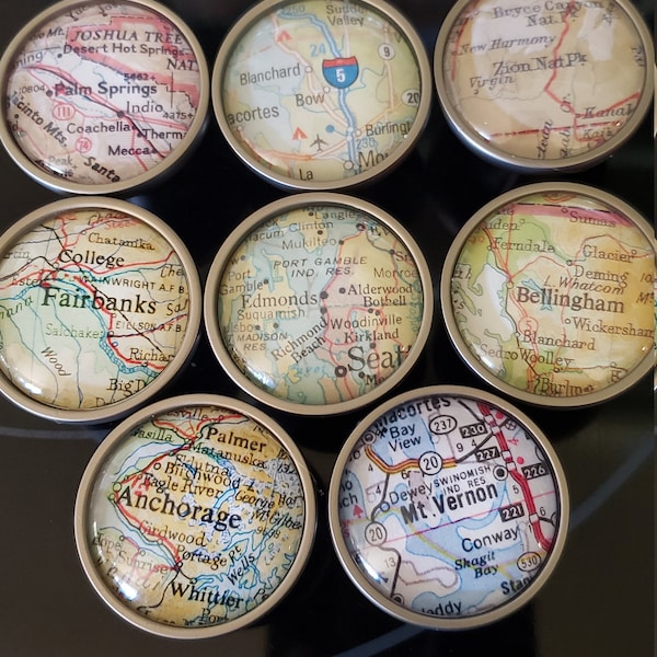 Custom MAP CABINET KNOB / Map Drawer Pull / Glass Domed Nickel, Bronze ...