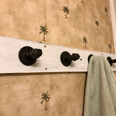 Custom Rustic Wood Towel Robe Coat Rack Bar With Industrial Pipe Hooks ...