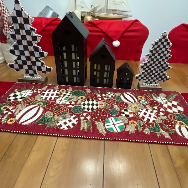Handmade Christmas Table Runner, Beaded Runner, Multi Colour, 13x36inch ...