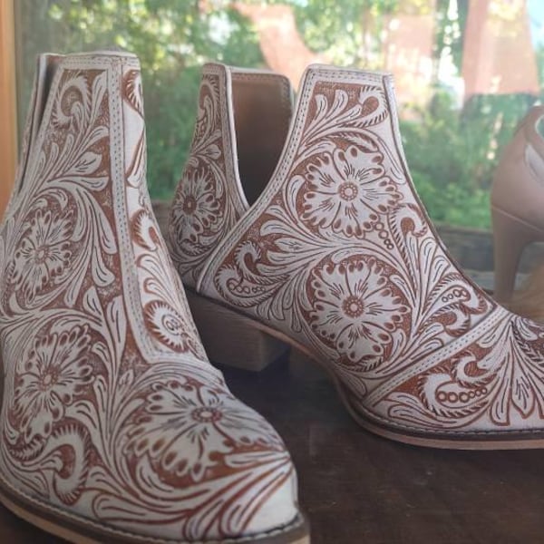 Tooled Leather Wedge Sandals, Western Sandals, Wedding, Prom Shoes - Etsy