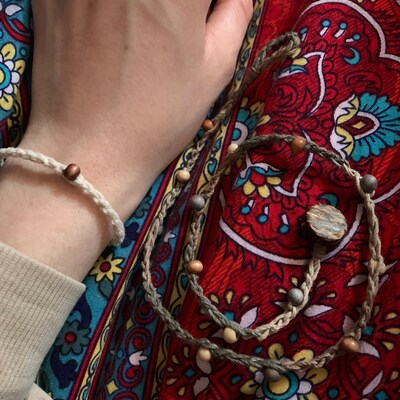 Wrap Boho Hemp Anklet or Bracelet, Crocheted With Wood Beads on Ombre ...