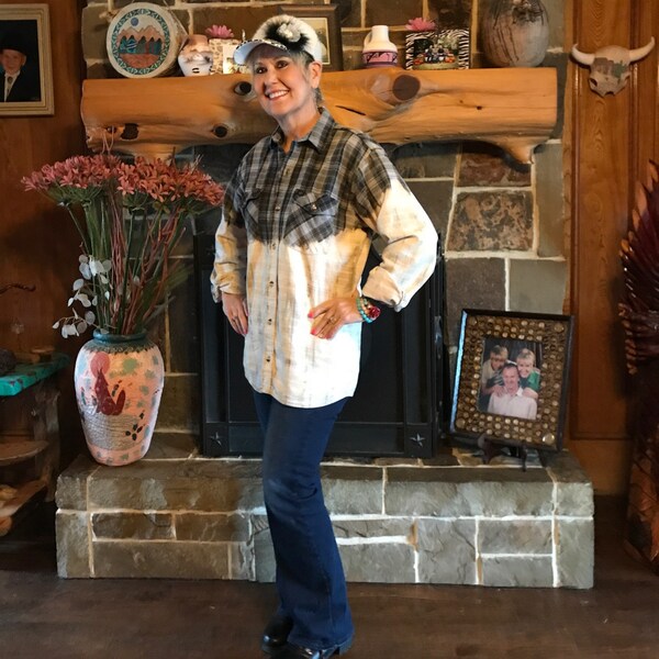 Upcycled Blue Plaid Flannel Shirt / Shacket Spray Bleached Patched ...