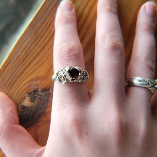 Garnet Snake and Flower Ring, Nature Inspired Ring, Magical Garden Ring ...