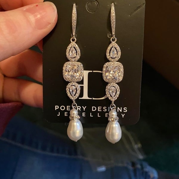 Dangle Pearl Drop Bridal Earrings in Silver, Long Pearl and Crystal ...