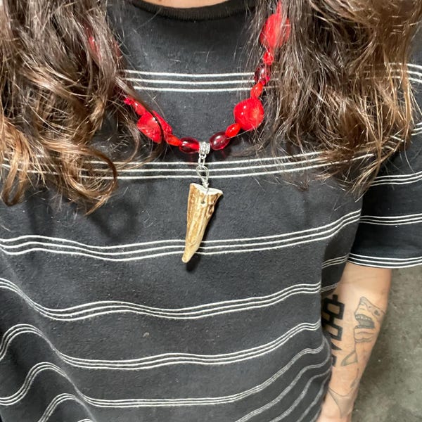Ojibwe Deer Antler Beaded Necklace, Bronzite and Bone Beads, Native ...