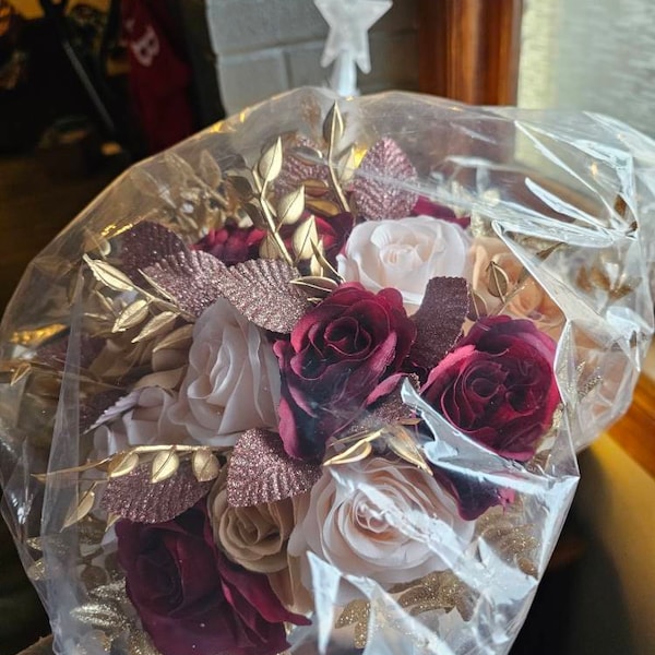 Glam Cascading Burgundy Rose Gold Blush Gold Wedding Bouquet, Teardrop ...