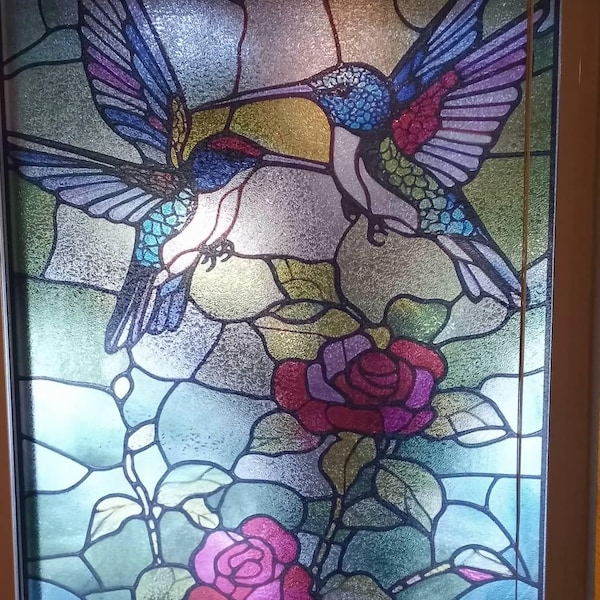 Custom Size Elegant Hummingbird Flower Window Film Stained Glass ...