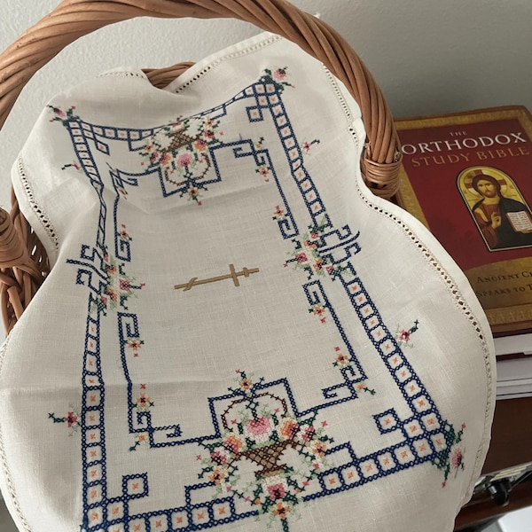 Orthodox Cross Embroidered Cream Natural Crochet Large Cloth / Pascha ...