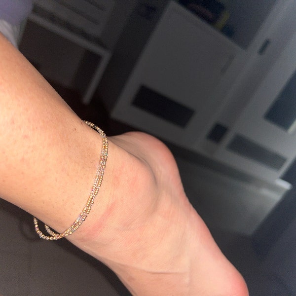 STARDUST - Gold Luster Beaded Anklet - Double Wrap Anklet - Stretchy Anklet - Anklets for Women ...