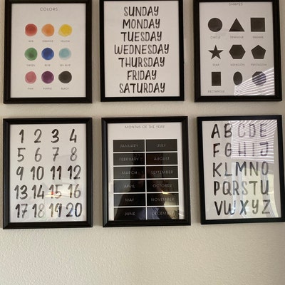 Alphabet Posters Set of 6, Black Alphabet Print, Days of Week, Numbers ...