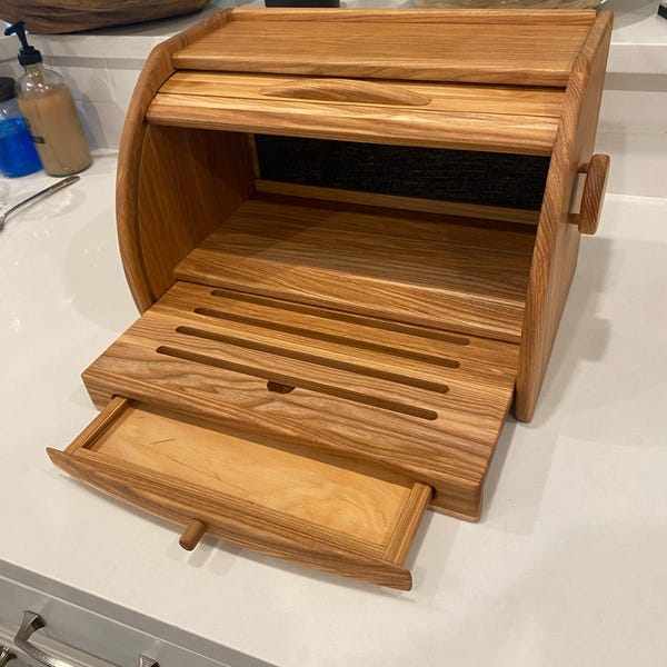 Functional Ash Wood Bread Box With Cutting Board and Magnetic Knife ...