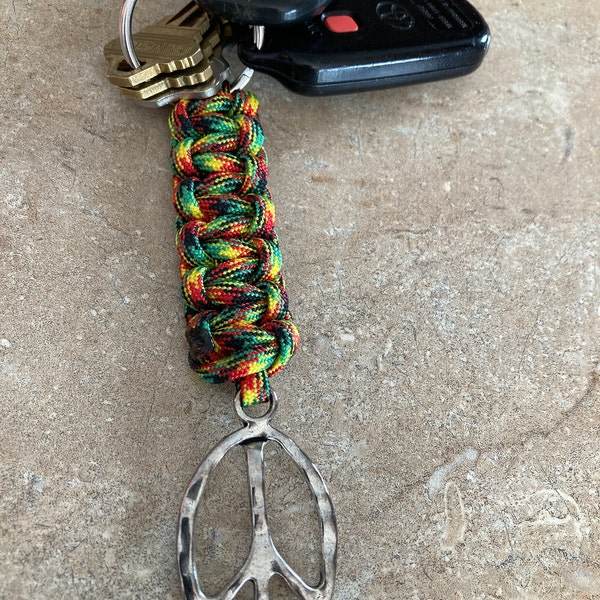 PEACE Sign Keychain. Rainbow Color Paracord Keychain With 1" Key Ring ...