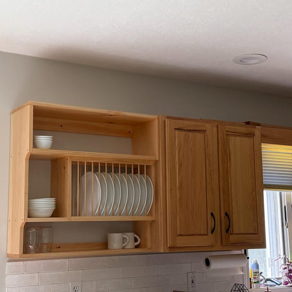 NEW* Split Shelf Cabinet Wall Counter Wood Plate Dish Rack Mugs Glasses ...
