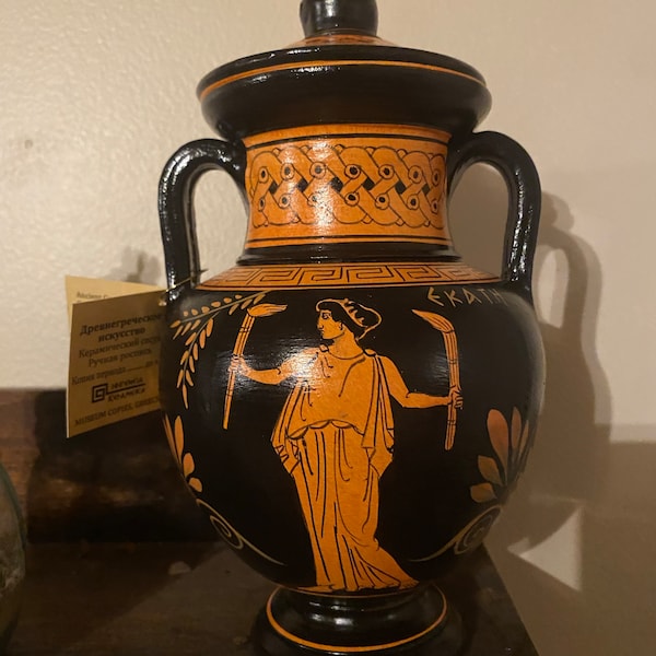 Red Figure Pottery Aphora 19cm With Lid ,hecate and Goddess Artemis - Etsy