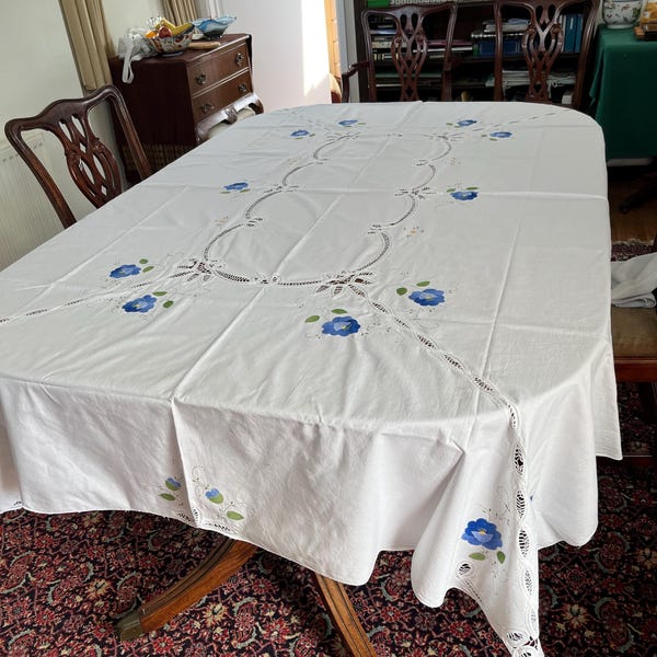 Exquisite Vintage Madeira Style Hand Embroidered Line Tablecloth Beige ...