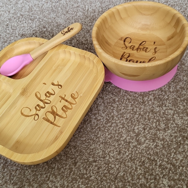 Personalised Bamboo Childrens Dining Set Spoon & Bowl - Custom Engraved ...