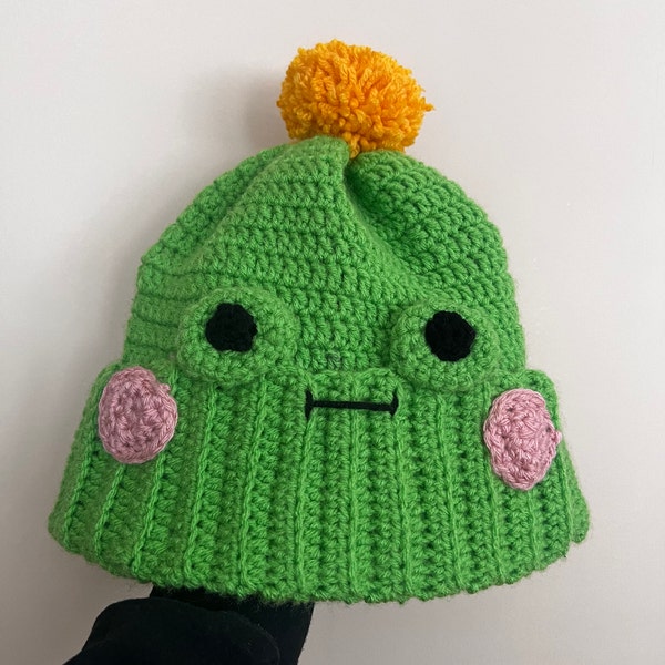 Froggy Fold Over Beanie Hat Crochet Pattern, Crochet Hat Pattern, Kawaii Frog Hat, Crochet ...