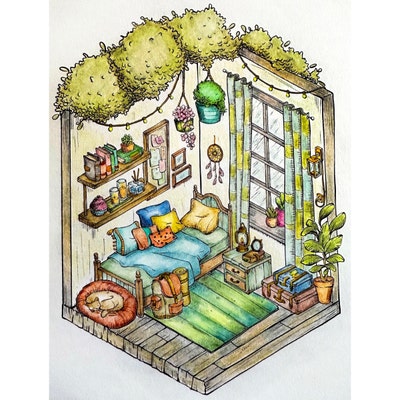 Interior Isometric Coloring Printables, Cozy Living Room, Bedroom ...