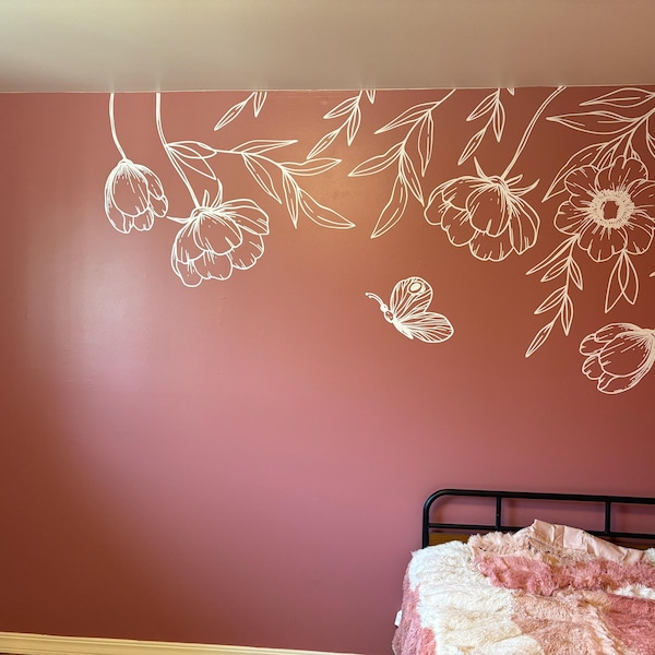 Floral Corner, Floral Wall Decals, Floral Wall Art, Butterfly, Floral ...
