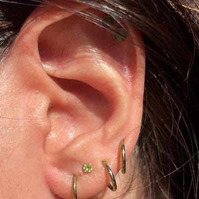 14K Gold Moss Agate Earring Threadless Push Pin Stud Dainty Fan Shape ...