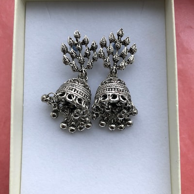 Traditional Indian Kemp Stone Motif Stud Earrings With Small Jhumka ...