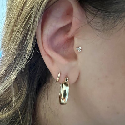 14k Solid Gold Three Stone Cartilage Piercing Dainty Stud Earring Helix ...