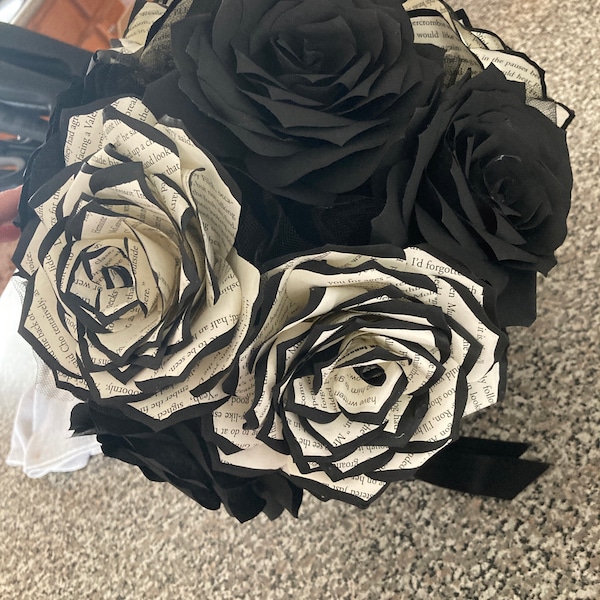 Black & White Handmade Paper Rose Wedding Bouquet – Book Page Flower ...