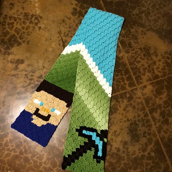 Crochet Pattern Minecraft Scarf, C2C Pattern Steve & Diamond Pickaxe ...