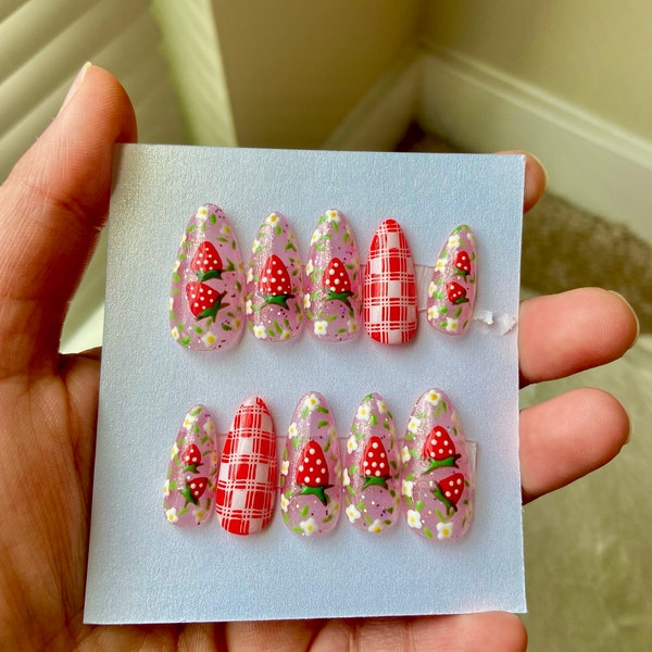 Adorable Summer Picnic Nails, Strawberry Blossoms, Spring Nails ...