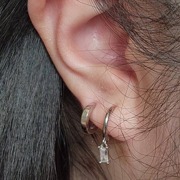 White Stone Drop Hoop, Dainty Rose Gold Huggie Hoop Earrings With Charm ...